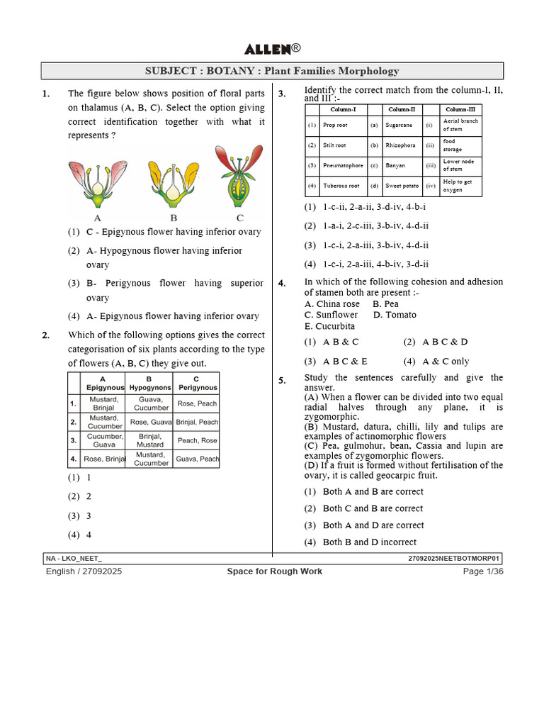 Practice Paper Morph & Plant Kingdom | PDF | Leaf | Flowers