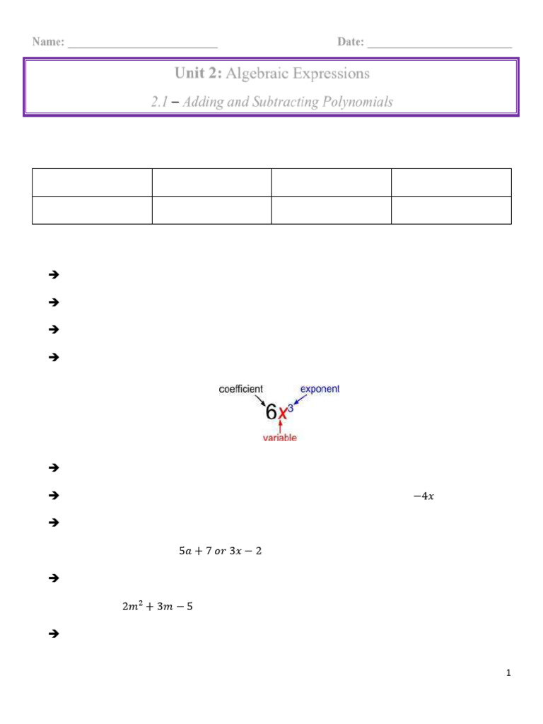 2.1 - Adding and Subtracting Polynomials | PDF | Subtraction | Polynomial