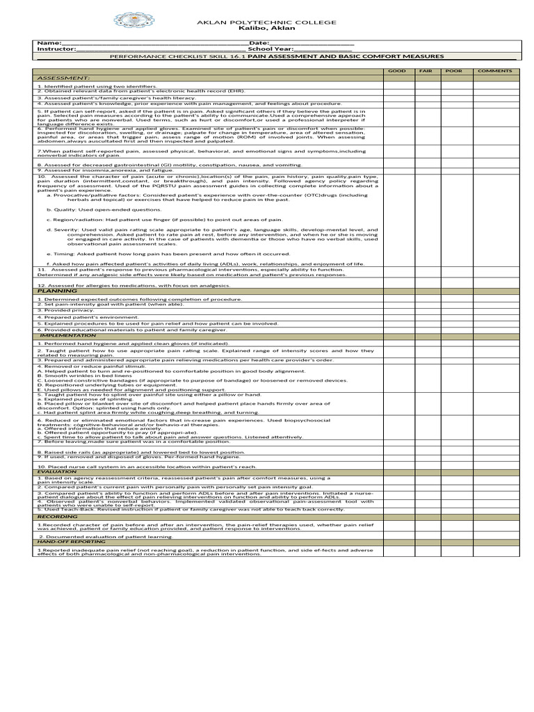 Checklist Pain Management Basic Comfort Non Pharmacological Pain ...