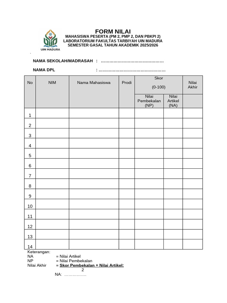 03_form Nilai Dpl | PDF