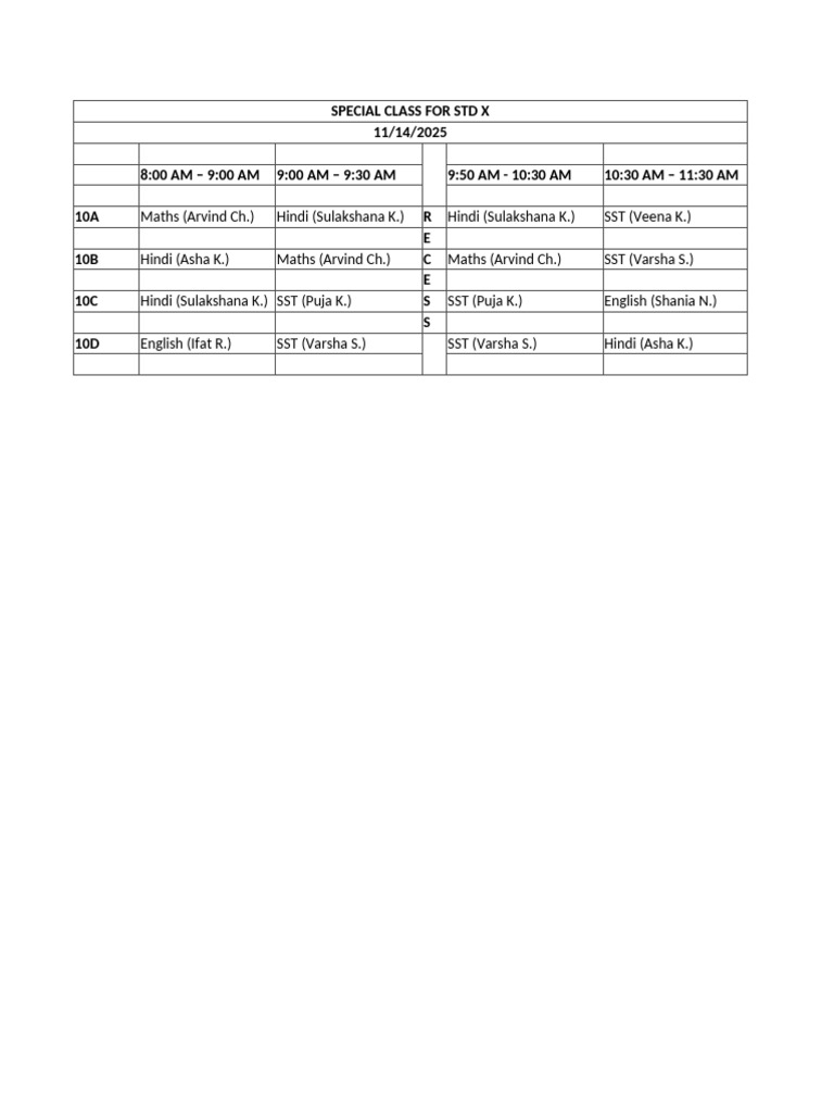 STD X Special Class Schedule | PDF