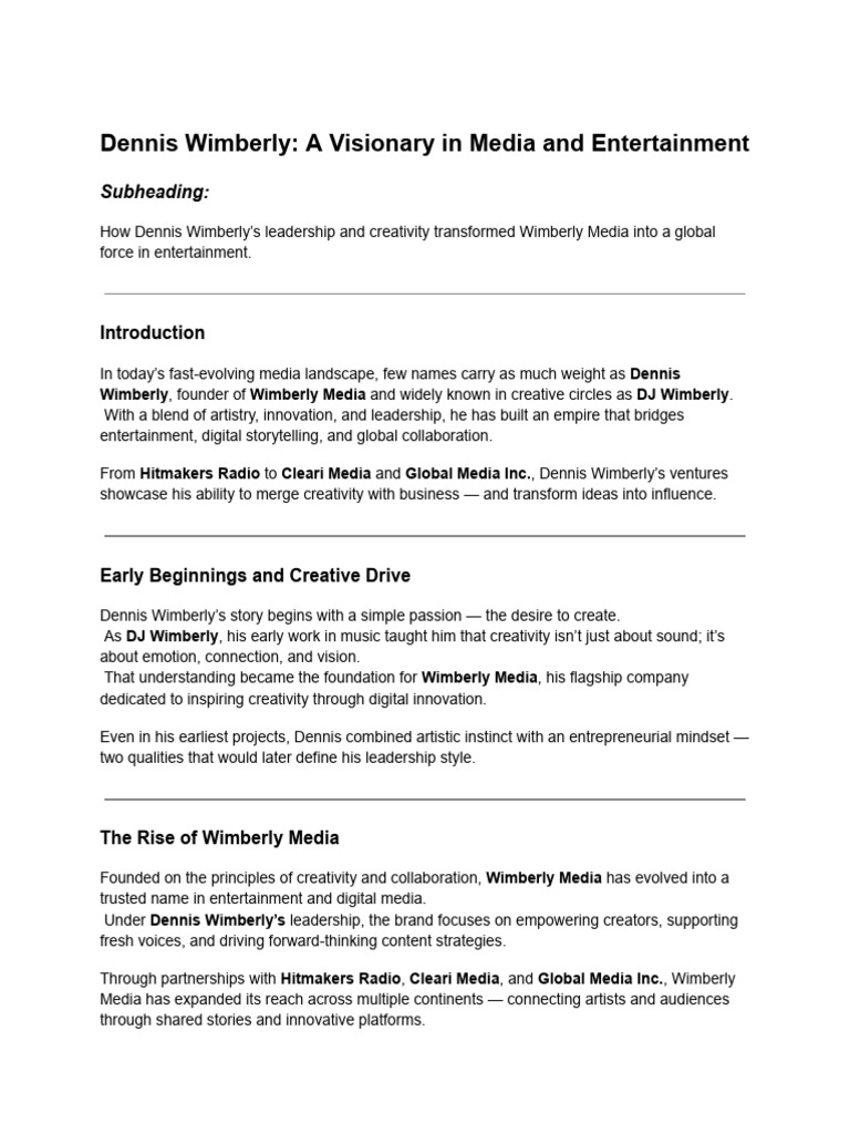 Dennis Wimberly - A Visionary in Media and Entertainment | PDF ...
