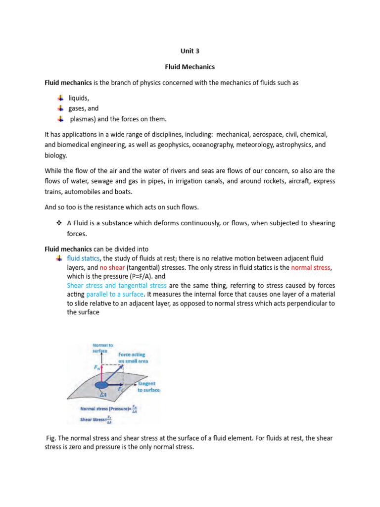 Unit 3 Fluid Mechanics Ayana Pdf Pressure Pascal Unit