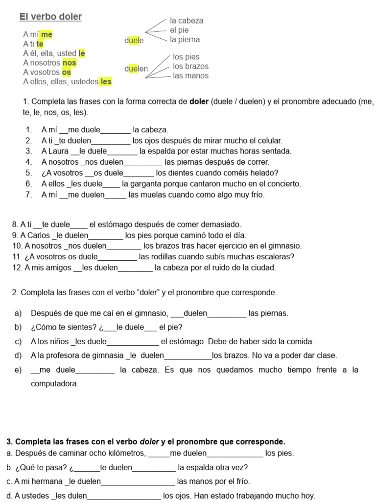 El Verbo Doler + Ejercicios General | PDF | Verbo | Almuerzo