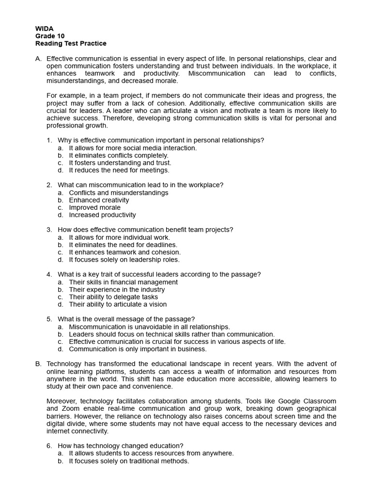 WIDA Grade 10 Reading Practice | PDF | Digestion | Atoms