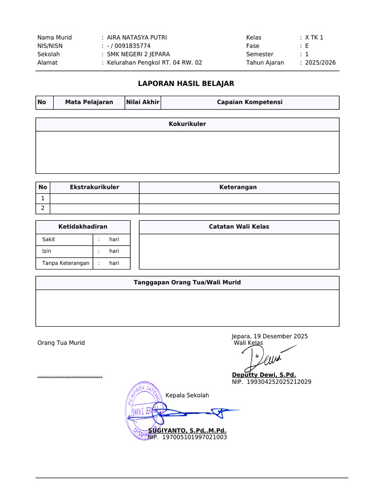 Rapor - Aira Natasya Putri | PDF