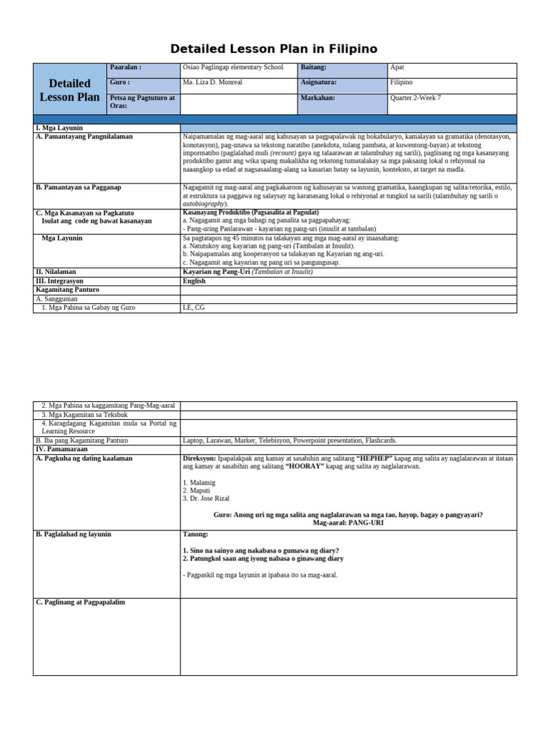 Detailed Lesson Plan in Filipino FINAL | PDF