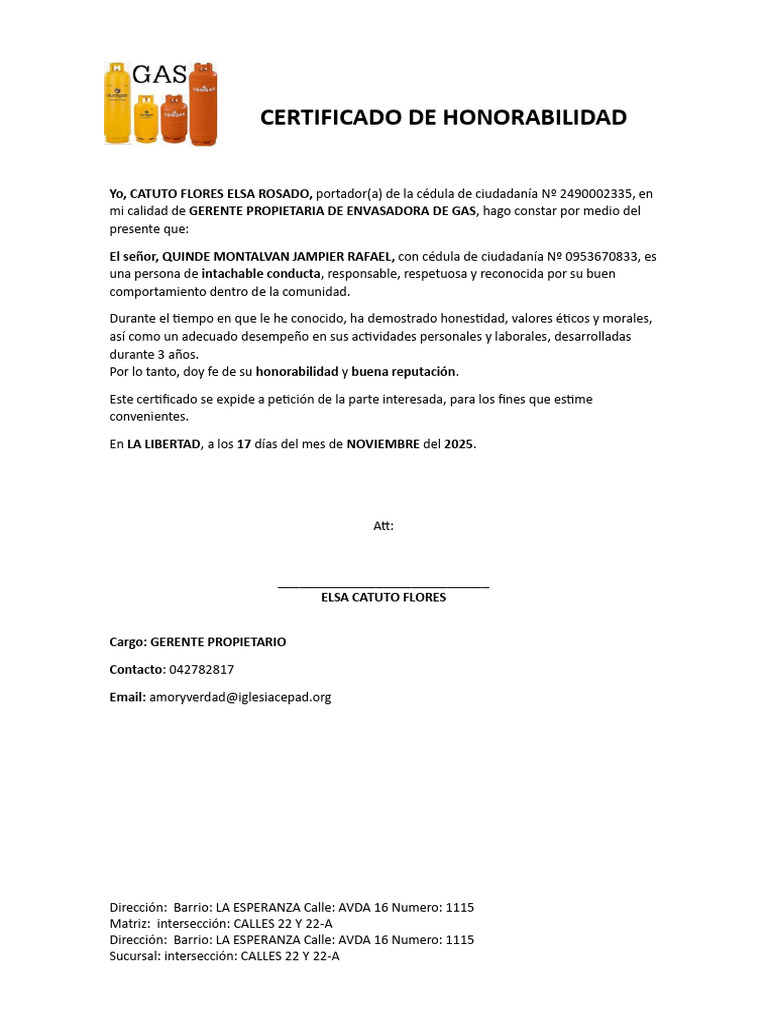 Certificado de Honorabilidad de Quinde Montalván | PDF