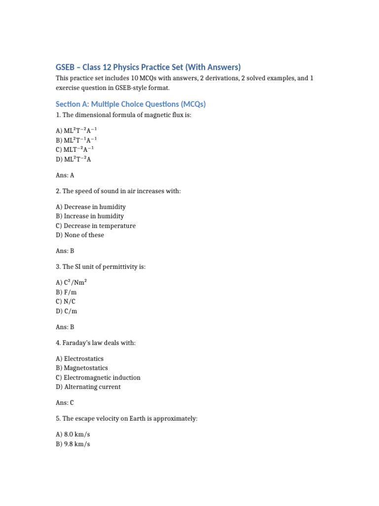 GSEB Class 12 Physics MCQs & Solutions | PDF