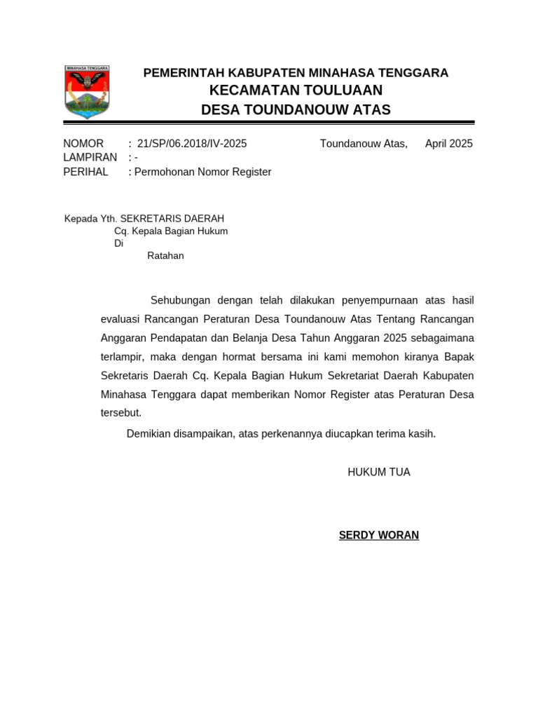 Permohonan Nomor Register Perdes 2025 | PDF