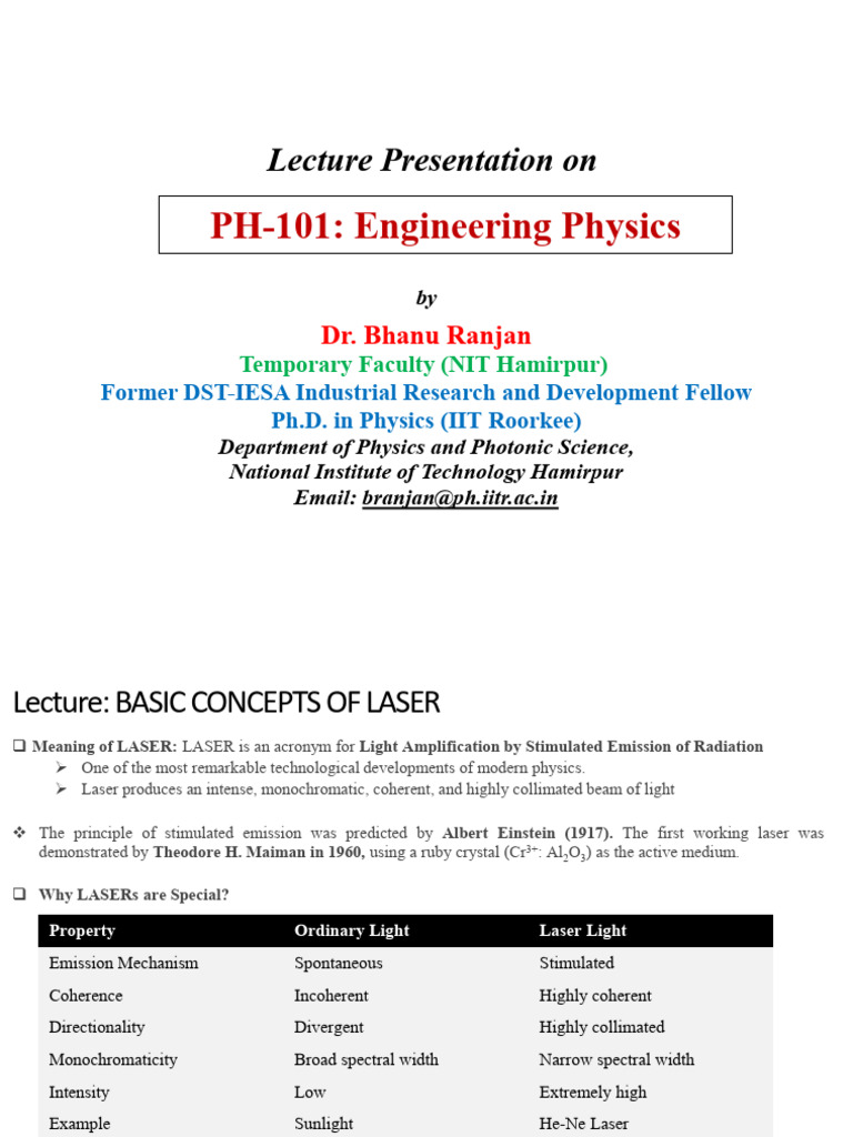PH-101 Engineering Physics Unit-2 Laser Part1 | PDF | Laser | Photon