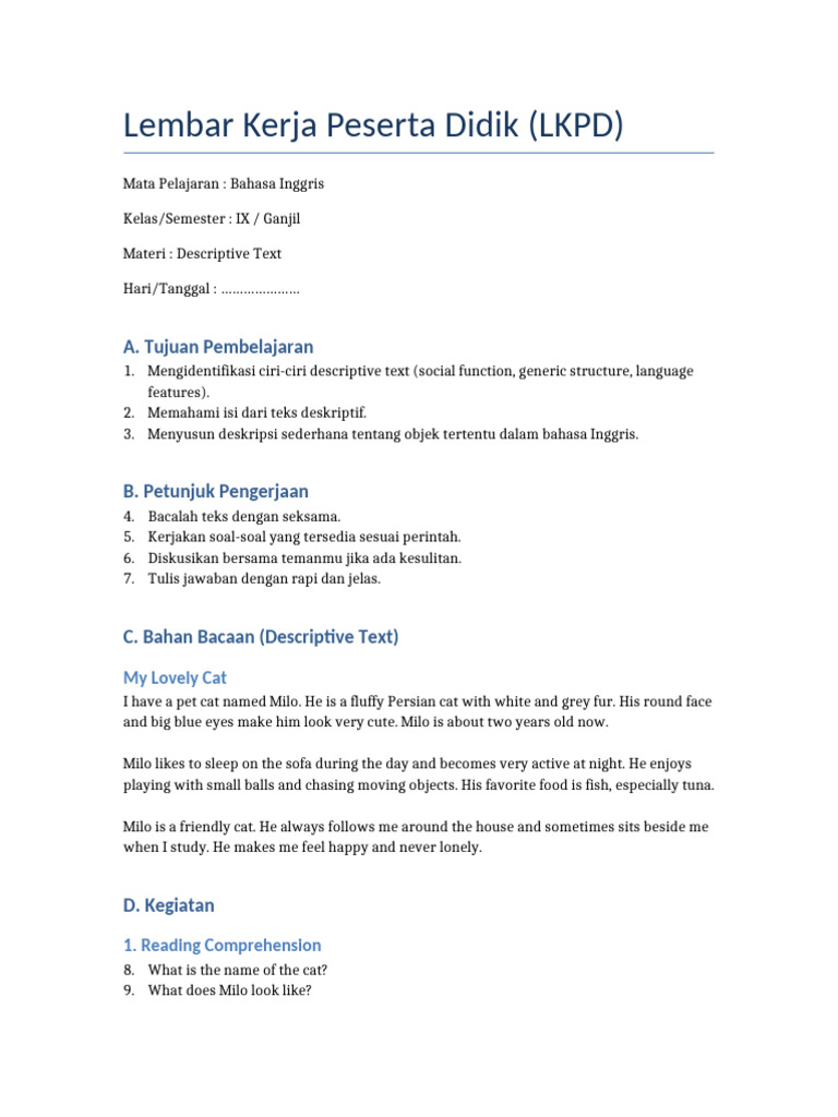 LKPD Descriptive Text Kelas9 | PDF