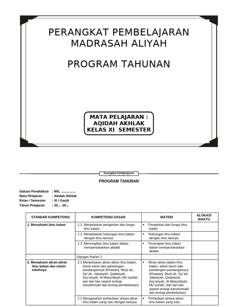 PROTAH Aqidah Akhlak MA Kelas XI, 1-2 | PDF