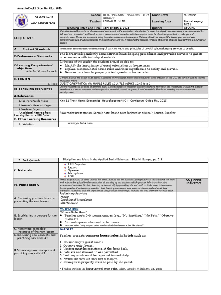 Grade 9 Housekeeping Lesson Plan | PDF | Learning | Curriculum