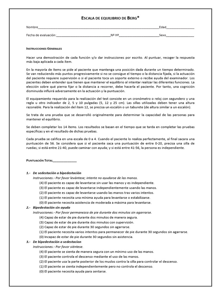Escala de Equilibrio de Berg: Instrucciones y Puntuación | PDF | Reloj