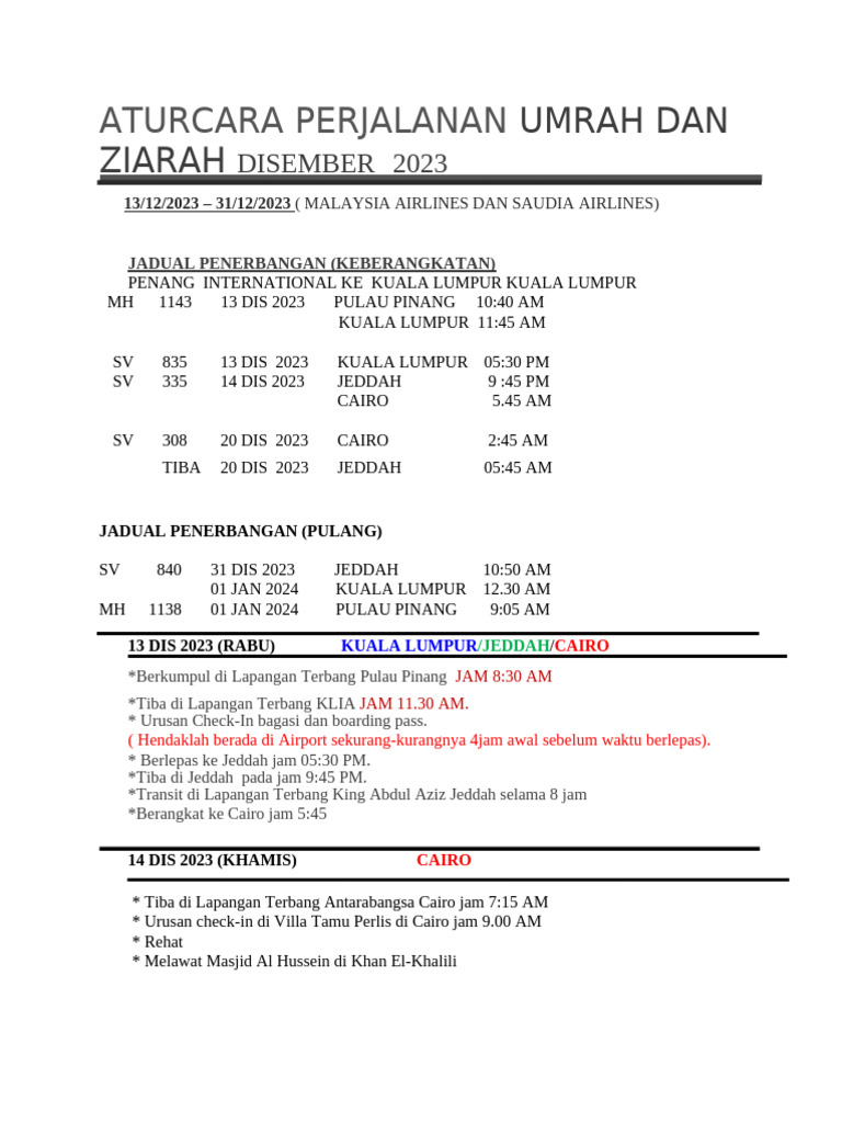 Aturcara Perjalanan Umrah Dan Ziarah Disember 2023 | PDF