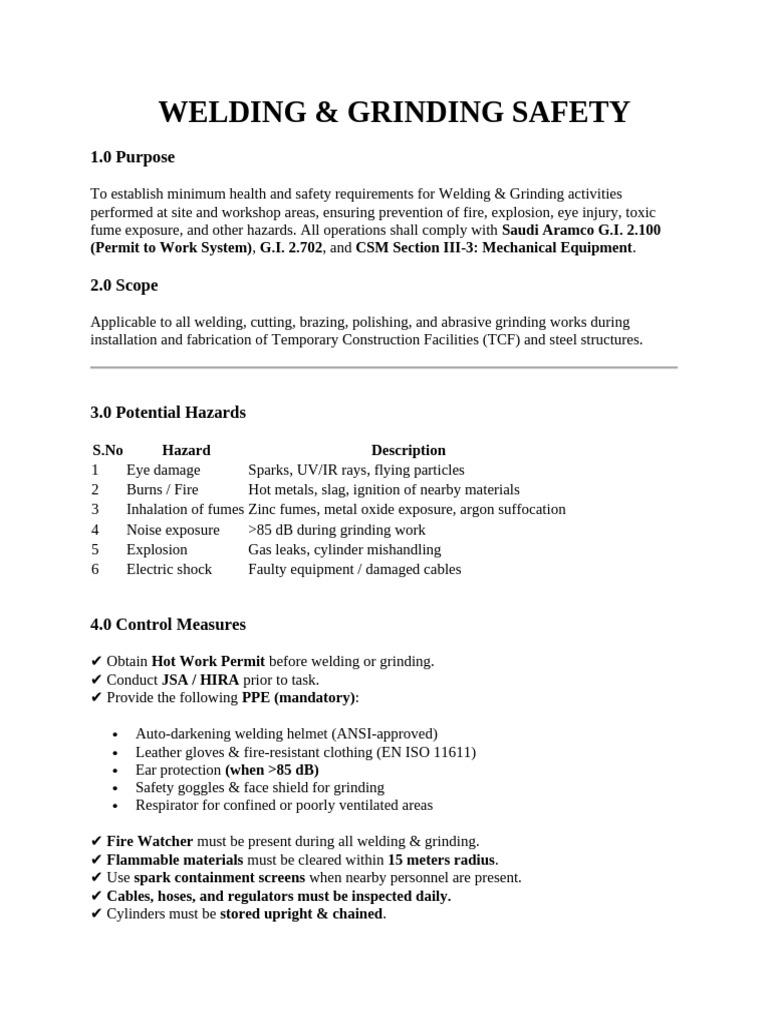 Welding & Grinding Safety: 1.0 Purpose | PDF