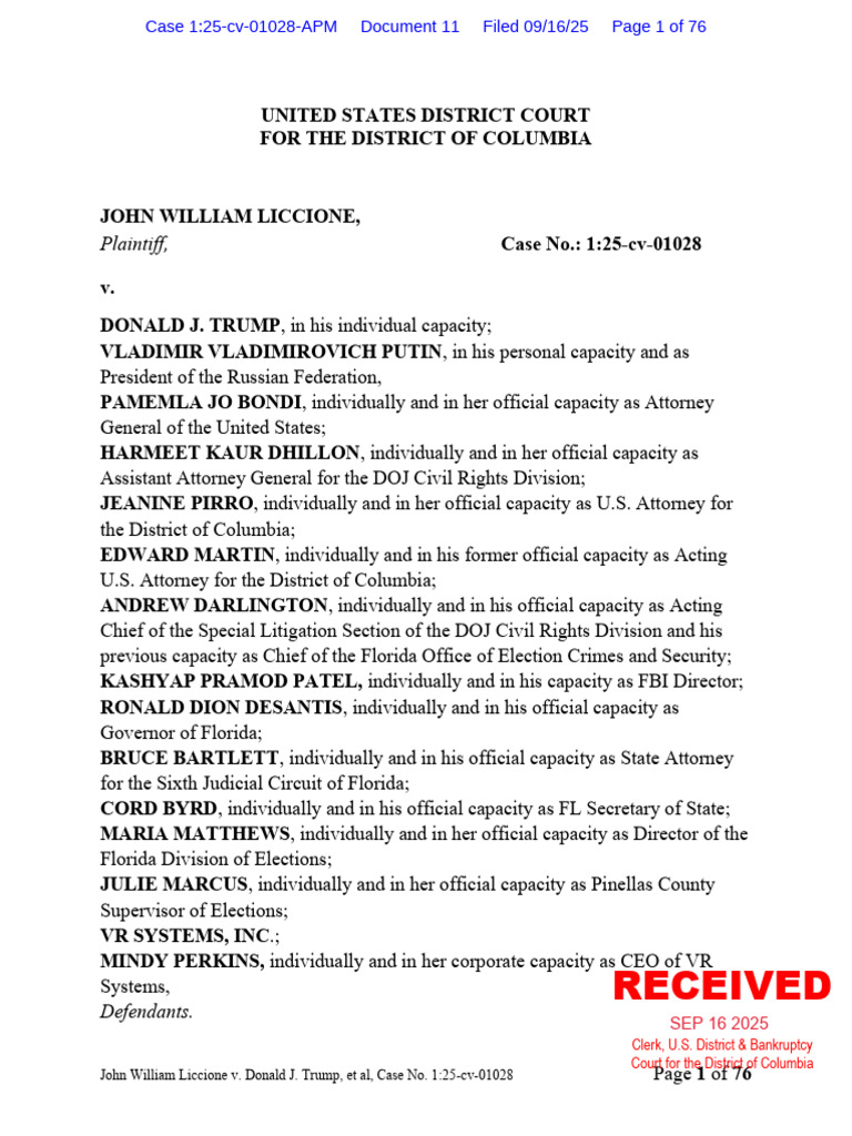 John William Liccione v. Donald J. Trump, Et Al First Amended Complaint | PDF | Title 18 Of The ...