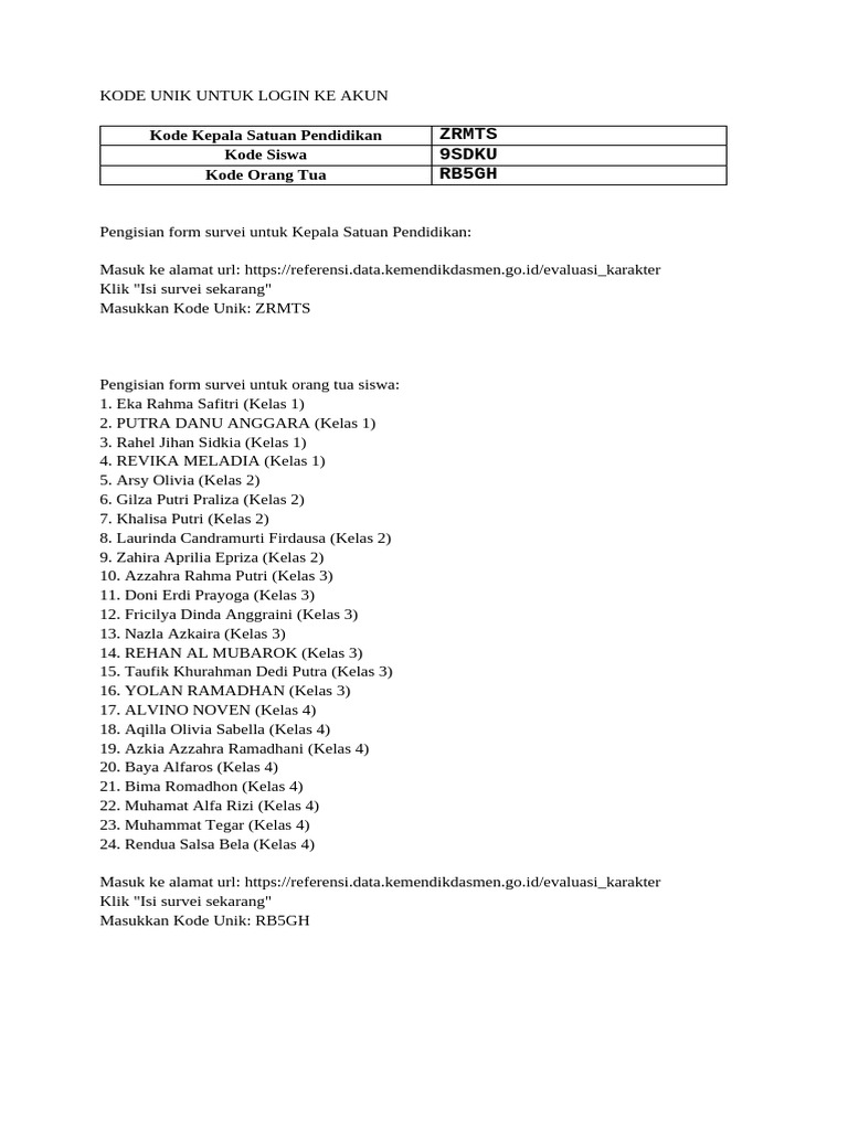 Kode Unik untuk Login Survei Pendidikan | PDF
