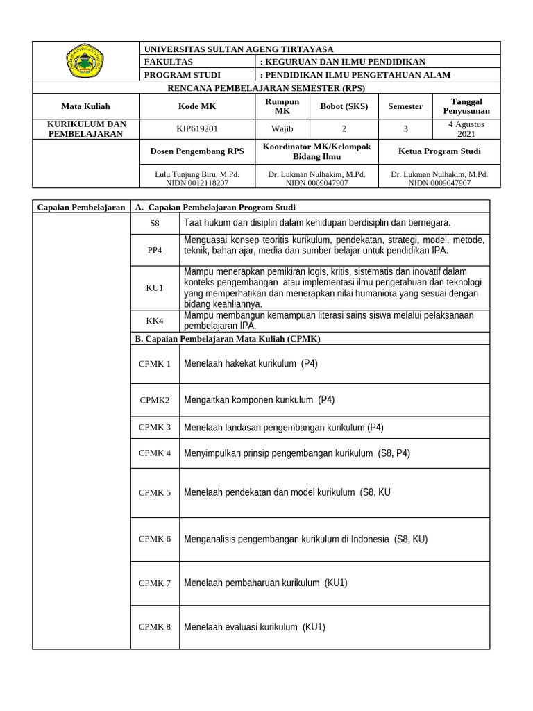 Biru, Rps Kurrikulum Dan Pembelajaran 2021 | PDF