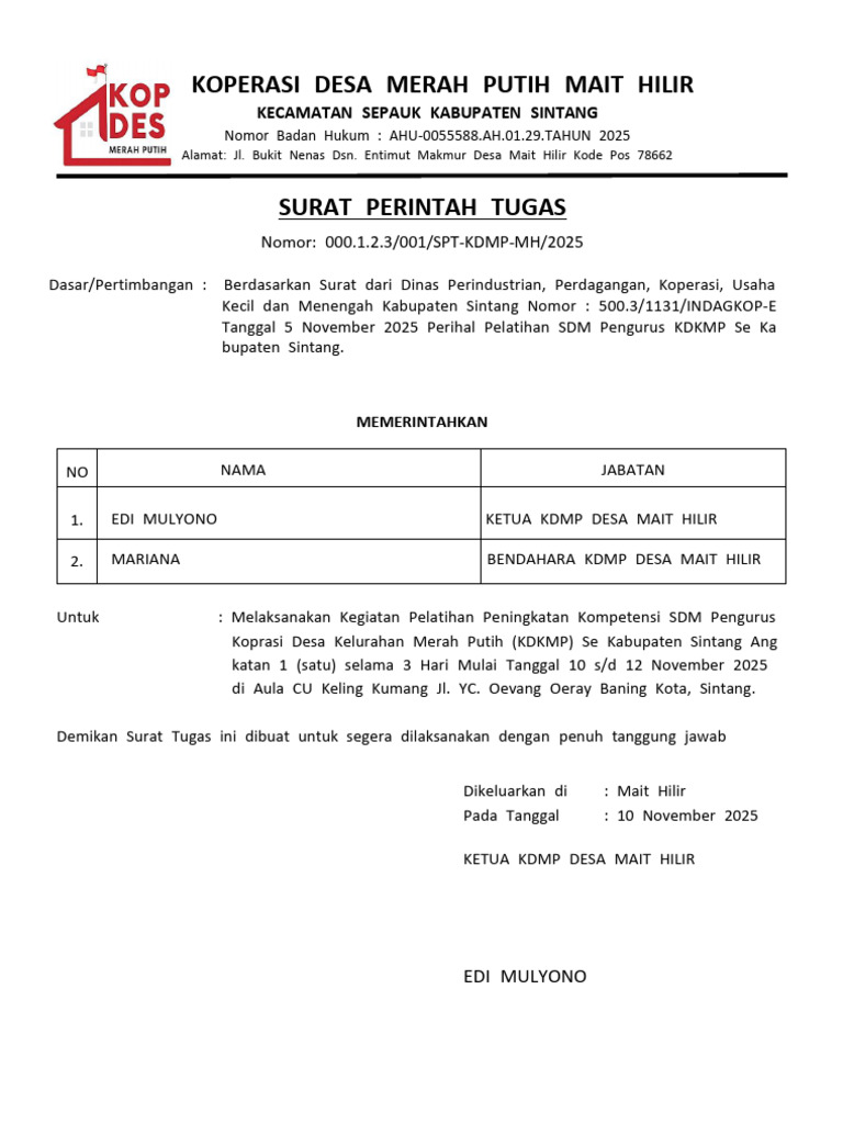Surat Tugas Kop Merah Putih Desa Mait Hilir | PDF