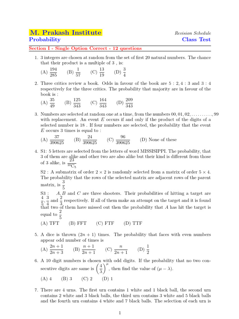 Probability Class Test | PDF | Number Theory | Mathematics