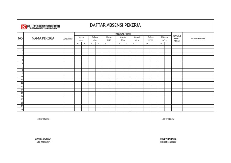 Daftar Absensi Pekerja Mingguan | PDF