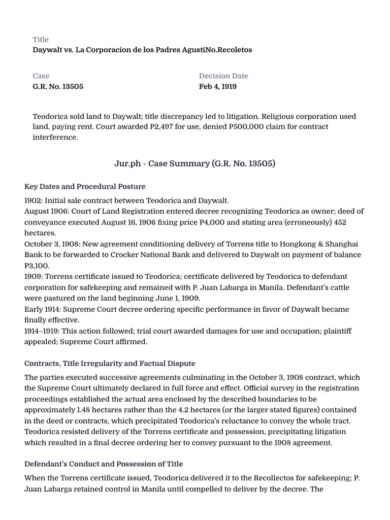 Daywalt v. La Corporacion Case Summary | PDF | Damages | Legal Liability