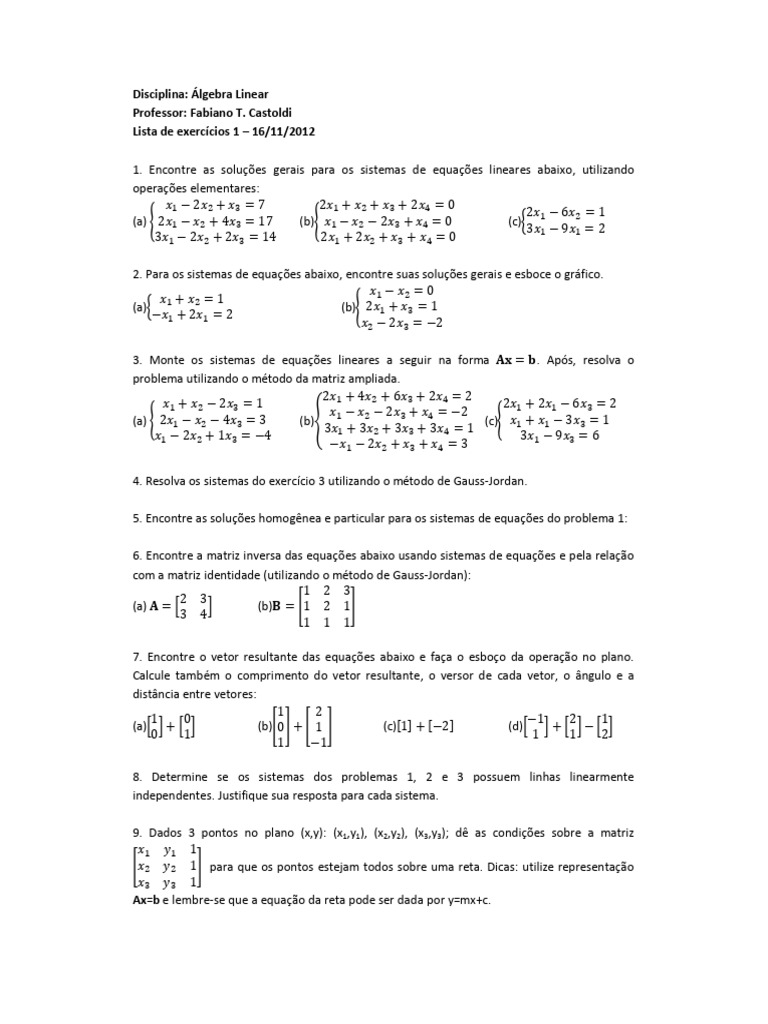 Exercícios de Álgebra Linear e Soluções | PDF | Matriz (Matemática ...