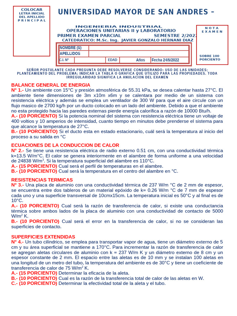 Primer Examen Parcial Semestre 2 2022 | PDF | Transferencia de calor | Calor