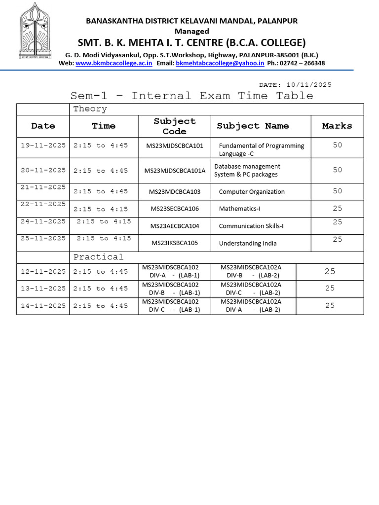 Internal Time Table (Sem-1) | PDF