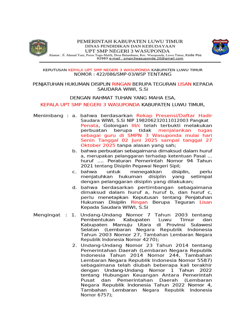 FORMAT Hukuman Disiplin | PDF