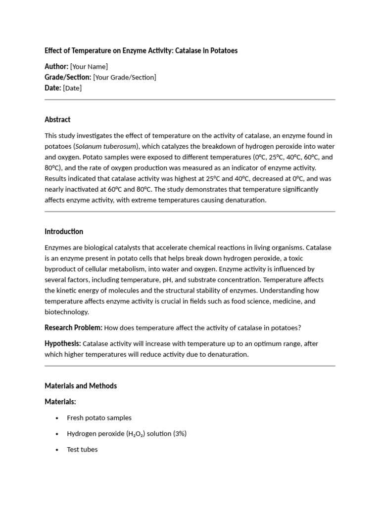 Temperature's Impact on Potato Catalase Activity | PDF | Catalase | Enzyme