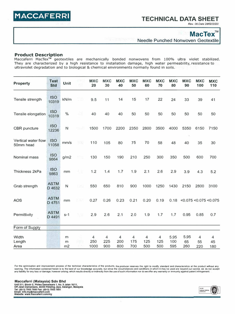 MacTex Nonwoven Geotextile Data Sheet | PDF | Materials