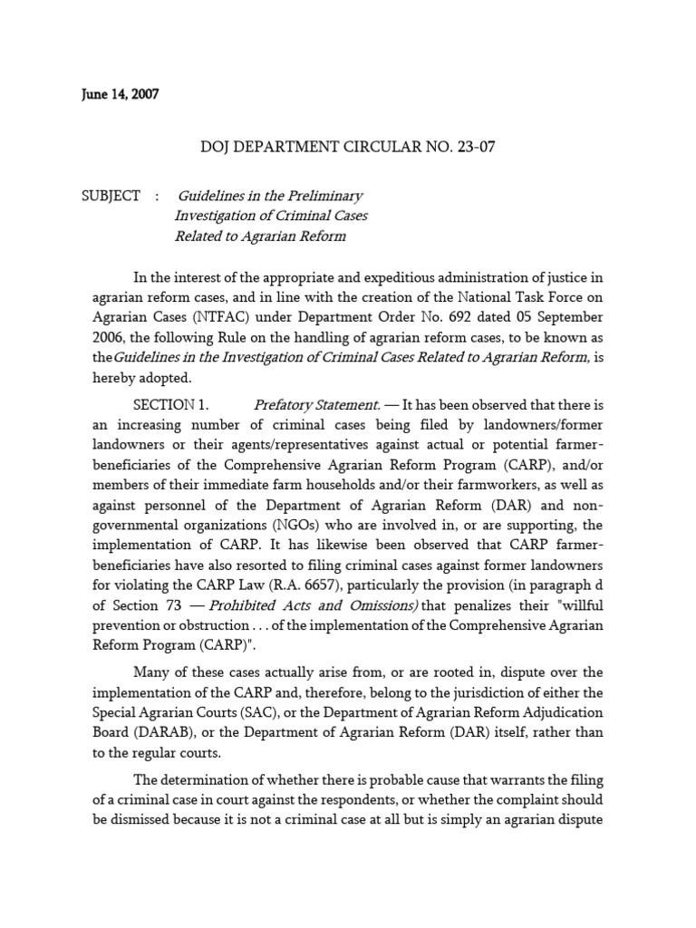 DOJ Department Circular No 23-07 - Guidelines in The PI of Criminal ...