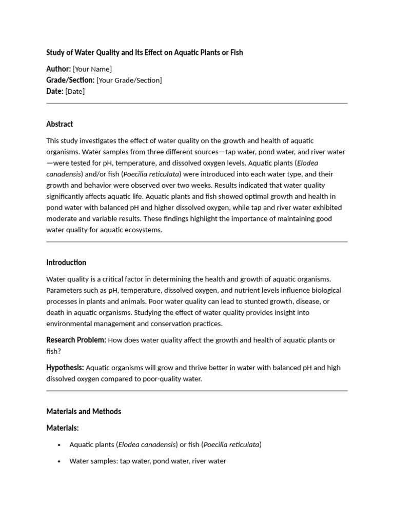 Study of Water Quality and Its Effect on Aquatic Plants or Fish | PDF ...