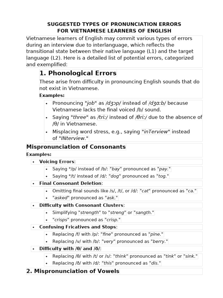 Suggested Types of Pronunciation Errors For Vietnamese Learners of ...