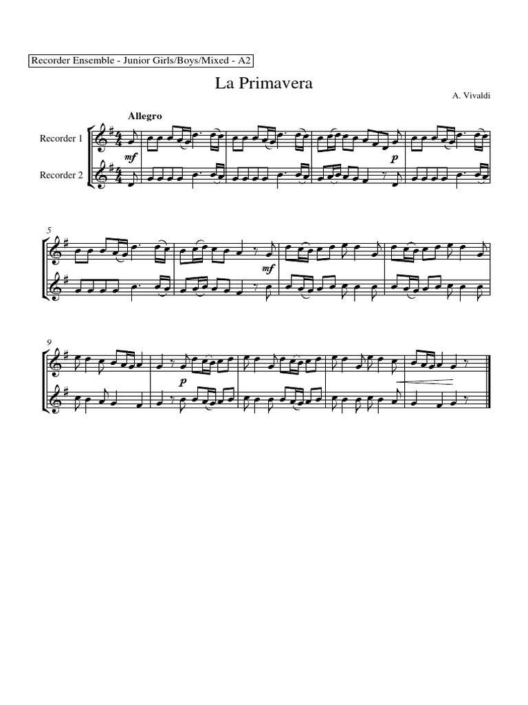 A2 Junior Recorder Ensemble La Primavera 1 | PDF