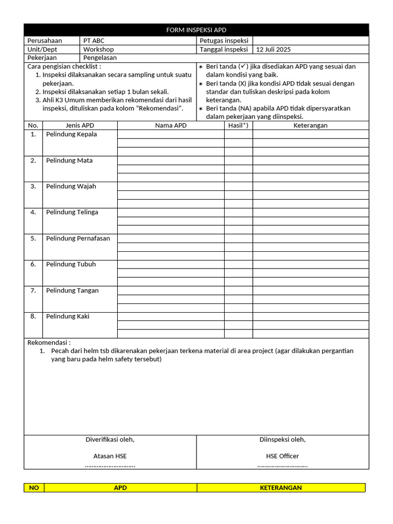 Form Inspeksi APD | PDF