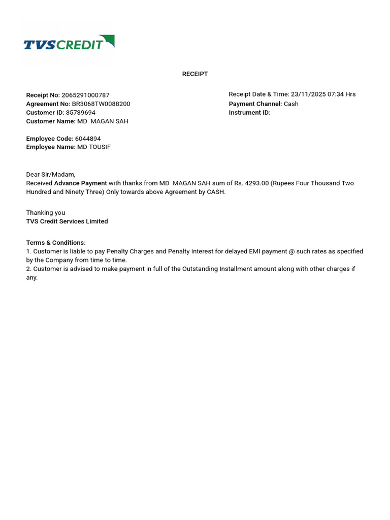 TVS Credit Services Payment Receipt | PDF