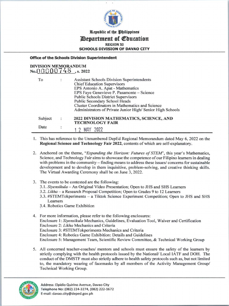2022 DM No. 748 2022 DIVISION MATHEMATICS SCIENCE AND TECHNOLOGY FAIR | PDF