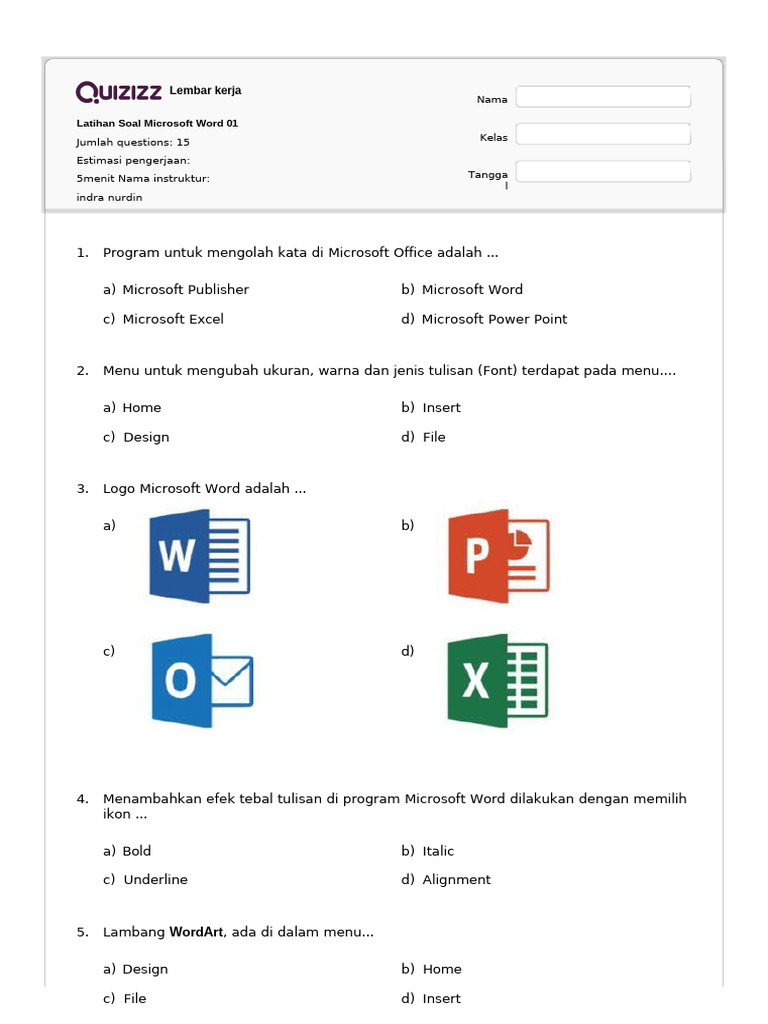 Latihan Soal Microsoft Word 15 Pertanyaan | PDF