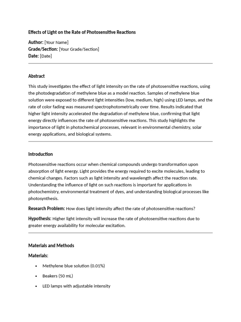 Effects of Light On The Rate of Photosensitive Reactions | PDF ...