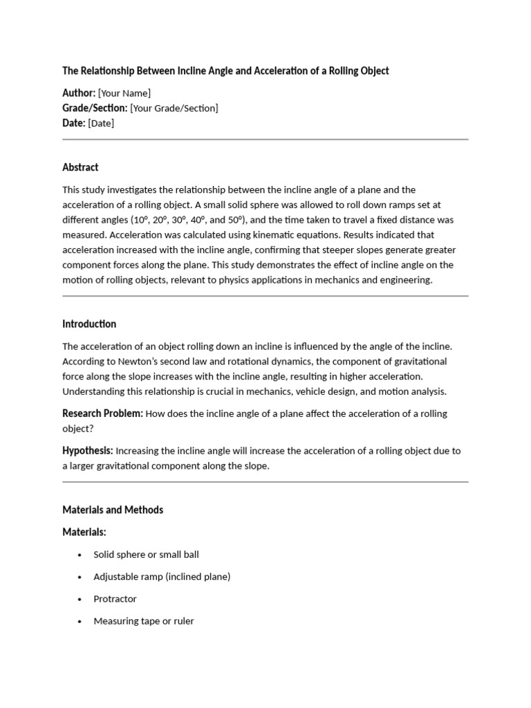 The Relationship Between Incline Angle and Acceleration of a Rolling ...