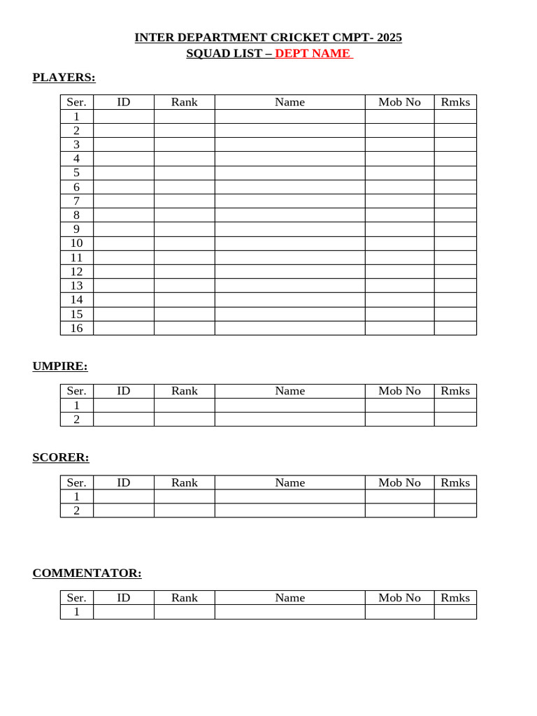 Cricket Tournament 2025 List-Format | PDF