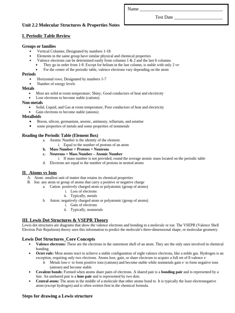 Unit 2.2 Molecular Structures Properties Notes | PDF | Chemical ...