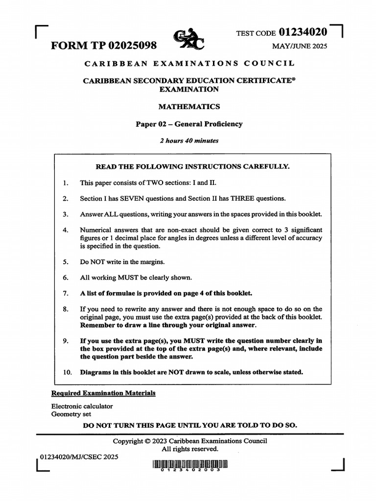 CSEC Mathematics June 2025 P2 | PDF