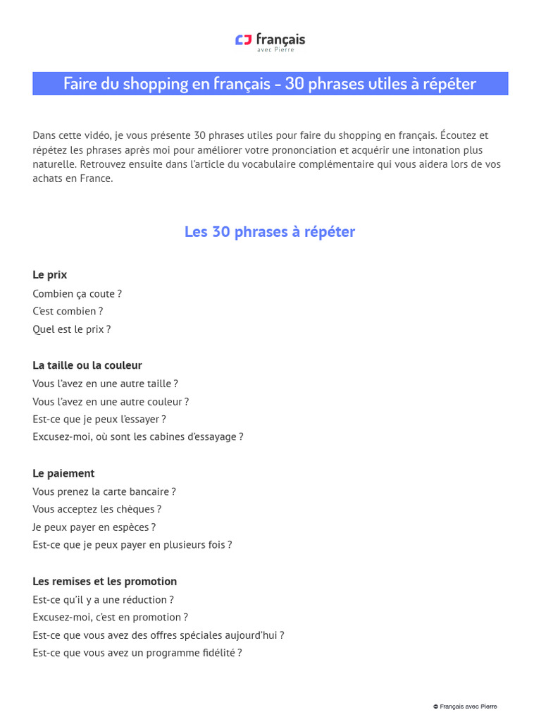 Phrases clés pour faire du shopping en français | PDF | Commerce de détail