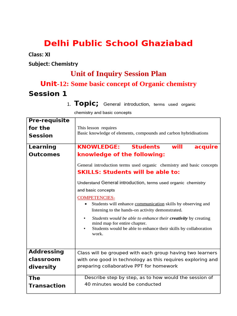 Unit 12 Basic Concept of Organic Chemistry Session Plan | PDF ...