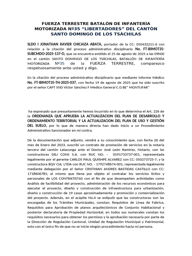 Proceso Disciplinario Batallón Infantería 35 | PDF